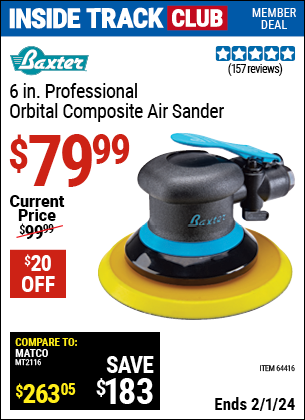 Coupons for BAXTER 6 in. Professional Orbital Composite Sander for $79.99
