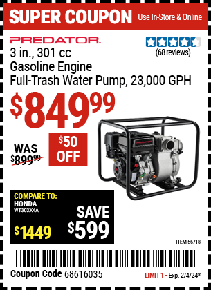 PREDATOR 3 in. 301cc Gasoline Engine Full-Trash Water Pump — 23,000 GPH ...