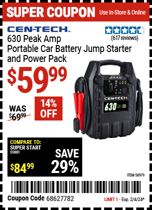 CEN-TECH 630 Peak Amp Portable Jump Starter and Power Pack for $59.99 ...
