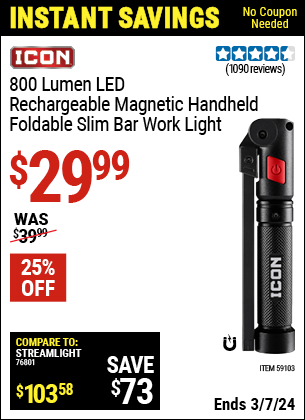 Coupons for ICON 800 Lumen Rechargeable Slim Bar LED Light for $29.99