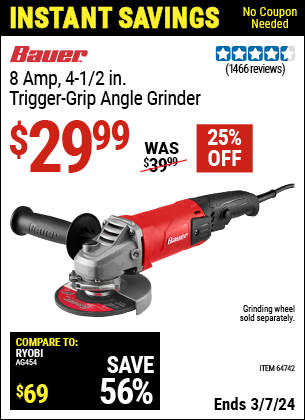 Coupons for BAUER Corded 4-1/2 in. 8 Amp Heavy Duty Trigger Grip Angle Grinder with Tool-Free ...