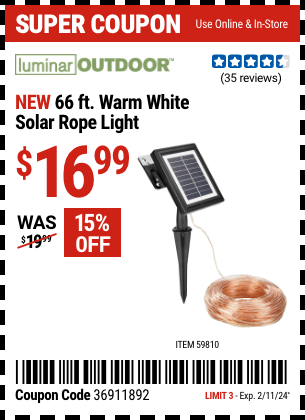 LUMINAR OUTDOOR 66 ft. Warm White Solar Rope Light for $16.99 – Harbor ...