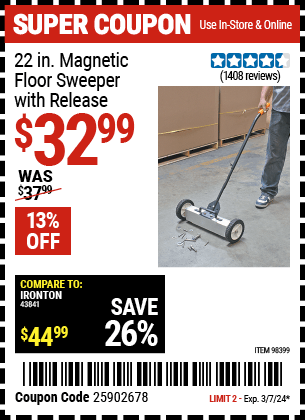 22 in. Magnetic Floor Sweeper with Release for $32.99 – Harbor Freight ...