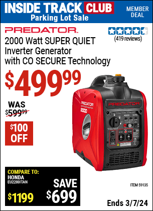 PREDATOR 2000 Watt SUPER QUIET Inverter Generator with CO SECURE ...