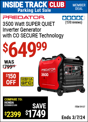 PREDATOR 3500 Watt SUPER QUIET Inverter Generator with CO SECURE ...