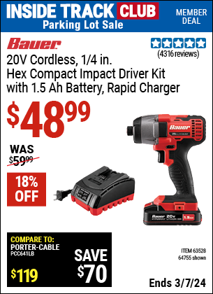 BAUER 20V Cordless, 1/4 in. Hex Compact Impact Driver Kit with 1.5 Ah ...