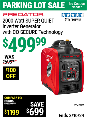 PREDATOR 2000 Watt SUPER QUIET Inverter Generator with CO SECURE ...