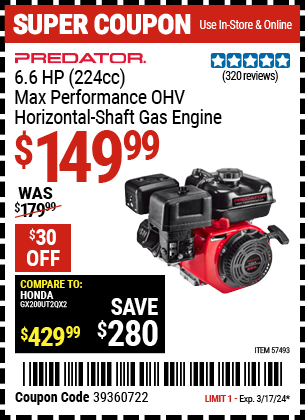 PREDATOR 6.6 HP (224 cc) Max Performance OHV Horizontal-Shaft Gas ...