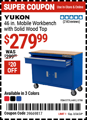 YUKON 46 in. Mobile Workbench with Solid Wood Top for $279.99 – Harbor ...