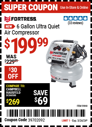 FORTRESS 6 Gallon Ultra Quiet Air Compressor for $199.99 – Harbor ...