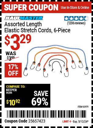 HAUL-MASTER Assorted Length Elastic Stretch Cords 6 Pc. for $3.29 ...