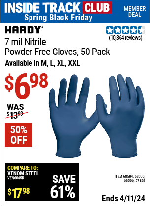 Coupons for HARDY 7 mil Nitrile Powder-Free Gloves, 50 Pack for $6.98
