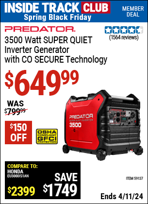 PREDATOR 3500 Watt SUPER QUIET Inverter Generator with CO SECURE ...