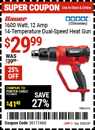 Coupons for BAUER 14 Temperature Dual Fan Speed Heat Gun for $29.99