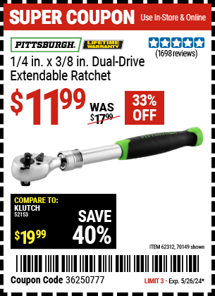 Coupons for PITTSBURGH 1/4 in. x 3/8 in. Dual Drive Extendable Ratchet ...