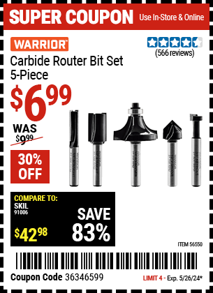 Coupons for WARRIOR Carbide Router Bit Set, 5 Piece for $6.99