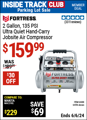 FORTRESS 2 Gallon 1.2 HP 135 PSI Ultra Quiet Oil-Free Professional Air ...