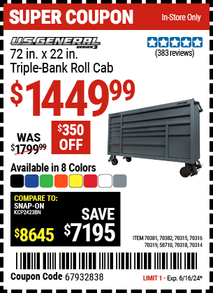 U.S. GENERAL 72 in. x 22 in. Triple-Bank Roll Cab, Series 3 for $1449. ...