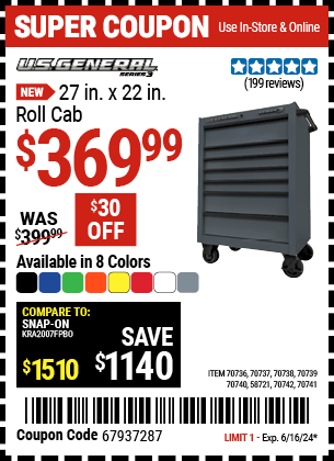 U.S. GENERAL 27 in. x 22 in. Roll Cab, Series 3 for $369.99 – Harbor ...