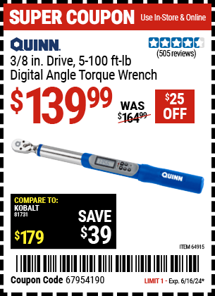 QUINN 3/8 in. Drive, 5-100 ft. lb. Digital Angle Torque Wrench for $139 ...