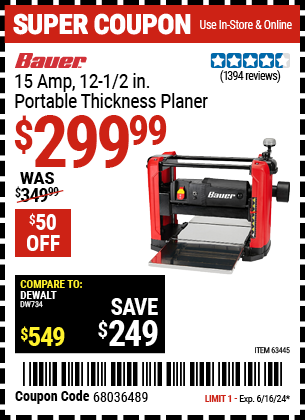 BAUER 15 Amp, 12-1/2 in. Portable Thickness Planer for $299.99 – Harbor ...