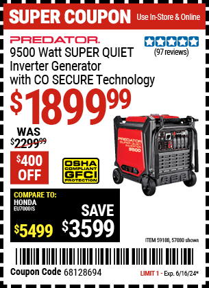 PREDATOR 9500 Watt Super Quiet Inverter Generator with CO SECURE ...