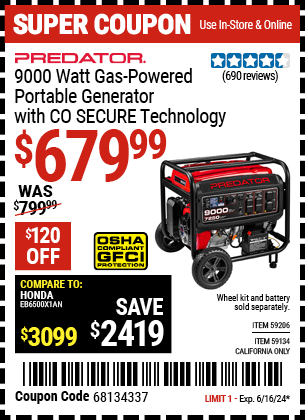 PREDATOR 9000 Watt Gas Powered Portable Generator with CO SECURE ...