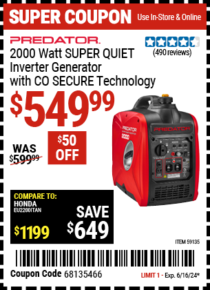 PREDATOR 2000 Watt SUPER QUIET Inverter Generator with CO SECURE ...
