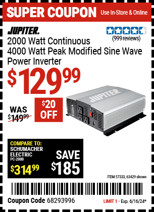 JUPITER 2,000 Watt Continuous/4,000 Watt Peak Modified Sine Wave Power ...
