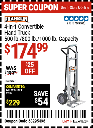 FRANKLIN 4-in-1 Convertible Hand Truck for $174.99 – Harbor Freight Coupons