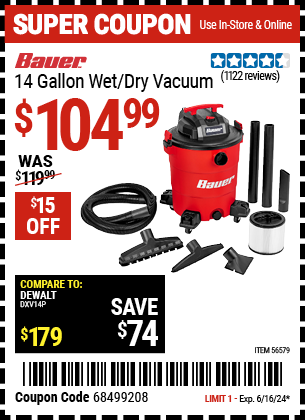 BAUER 14 Gallon Wet/Dry Vacuum for $104.99 – Harbor Freight Coupons