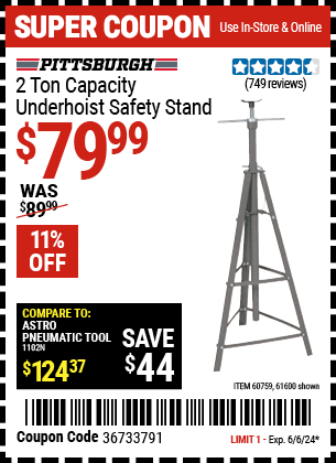 PITTSBURGH AUTOMOTIVE 2 Ton Capacity Underhoist Safety Stand for $79.99 ...