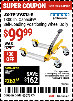 Coupons for DAYTONA 1300 lb. Self-Loading Positioning Wheel Dolly for ...