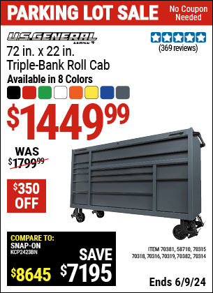 U.S. GENERAL 72 in. x 22 in. Triple-Bank Roll Cab, Series 3 for $1449. ...