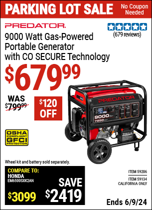 PREDATOR 9000 Watt Gas Powered Portable Generator with CO SECURE ...