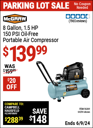 MCGRAW 8 Gallon, 1.5 HP, 150 PSI Oil-Free Portable Air Compressor for ...