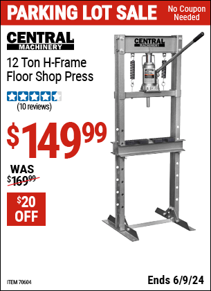 CENTRAL MACHINERY 12 Ton H-Frame Floor Shop Press for $149.99 – Harbor ...