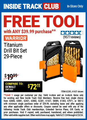 FREE WARRIOR Titanium Drill Bit Set 29 Pc with any $39.99 purchase ...