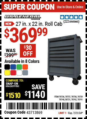 U.S. GENERAL 27 in. x 22 in. Roll Cab, Series 3 for $369.99 – Harbor ...