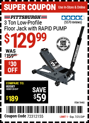 PITTSBURGH 3-Ton Low-Profile Floor Jack with RAPID PUMP for $129.99 ...
