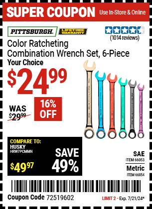 PITTSBURGH Color Combination Ratcheting Wrench Set 6 Pc. for $24.99 ...