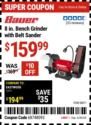 BAUER 8 in. Bench Grinder with Belt Sander for $159.99 – Harbor Freight ...
