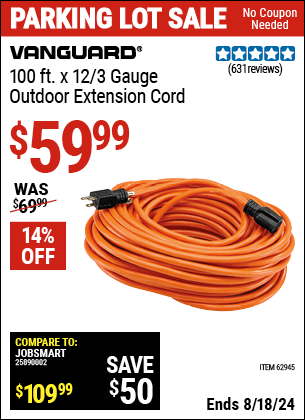 VANGUARD 100 ft. x 12/3 Gauge Outdoor Extension Cord for $59.99 ...