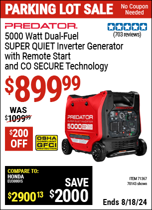 PREDATOR 5000 Watt Dual-Fuel SUPER QUIET Inverter Generator with Remote ...