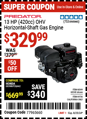 PREDATOR 13 HP (420cc) OHV Horizontal Shaft Gas Engine for $329.99 ...