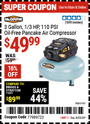 MCGRAW 3 Gallon 1/3 HP 110 PSI Oil-Free Pancake Air Compressor for $49.99 – Harbor Freight Coupons