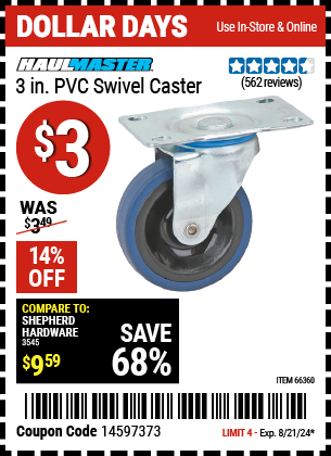 HAUL-MASTER 3 in. PVC Light Duty Swivel Caster for $3 – Harbor Freight ...