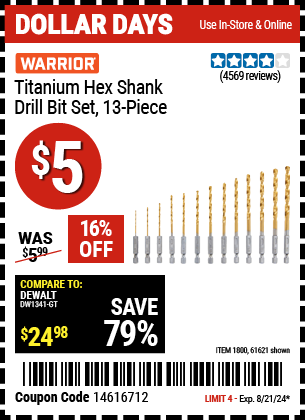 WARRIOR Titanium Hex Shank Drill Bit Set, 13 Pc. for $5 – Harbor ...