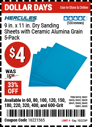 Coupons for HERCULES 9 in. x 11 in. Full Sheet Sandpaper with Ceramic ...