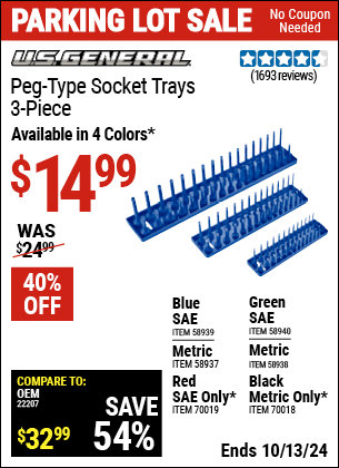 Coupons for U.S. GENERAL Peg-Type Metric Socket Tray, 3 Pc. for $14.99